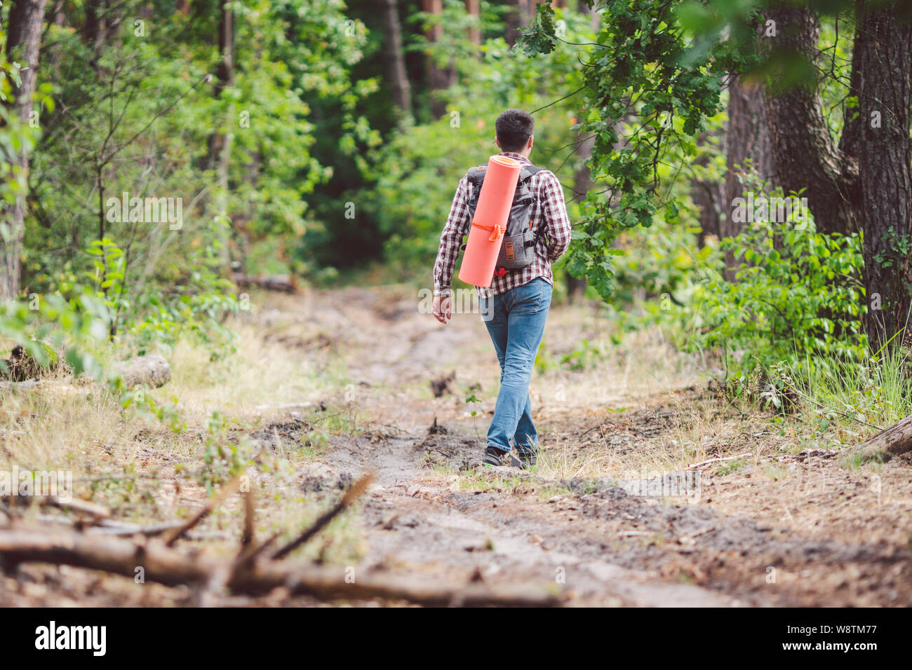 Concept breathtaking journey and adventure. Back view hike brave ...