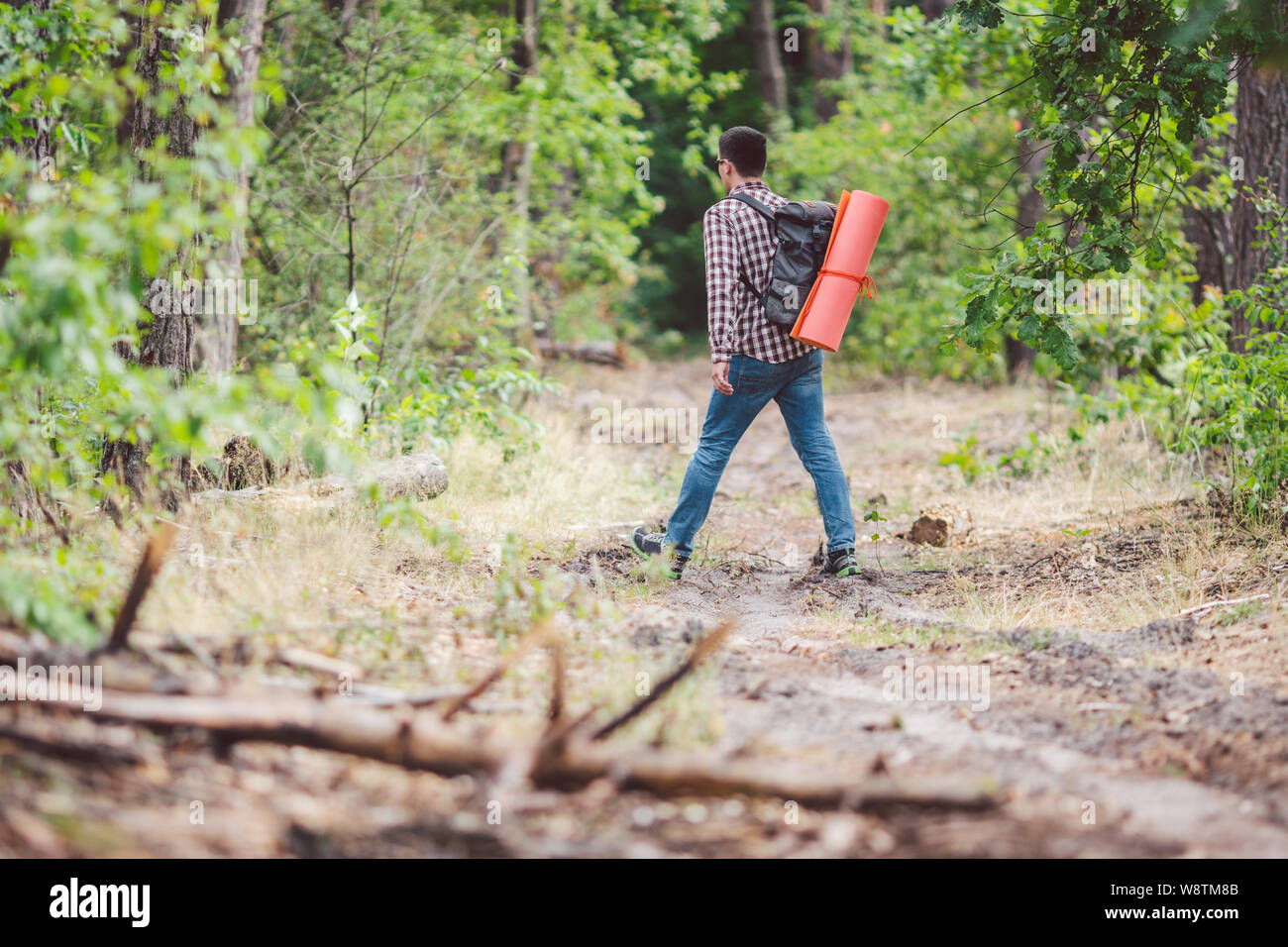 Concept breathtaking journey and adventure. Back view hike brave ...