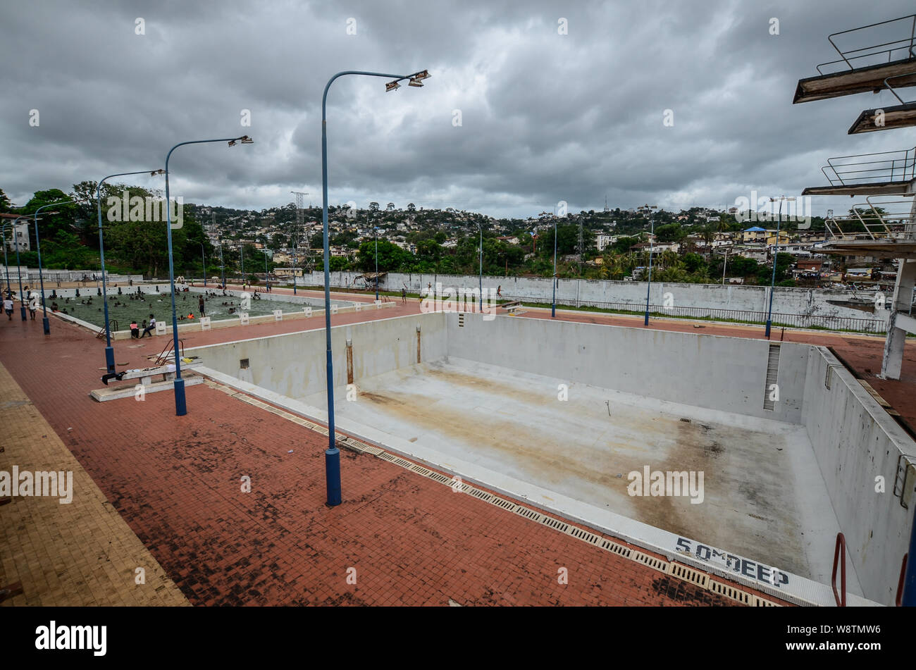 The swimming pool at the National Stadium in Freetown, Sierra Leone in ...