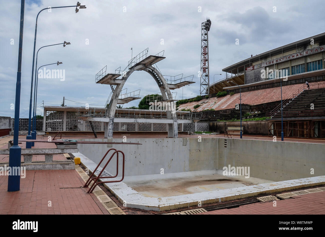 The swimming pool at the National Stadium in Freetown, Sierra Leone in ...
