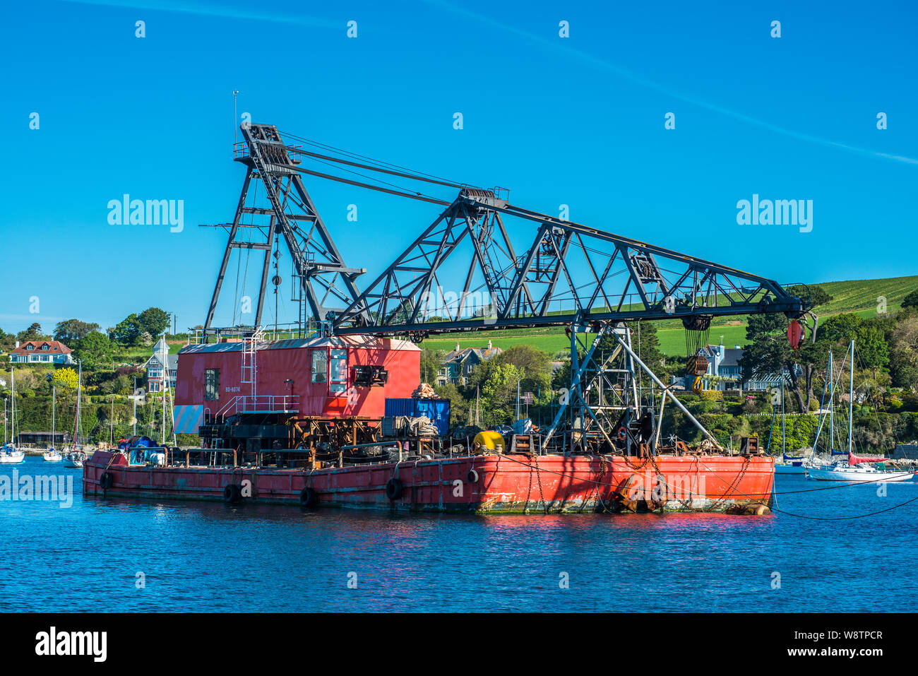 Floating crane barges on Falmouth harbour in Cornwall, England, UK ...