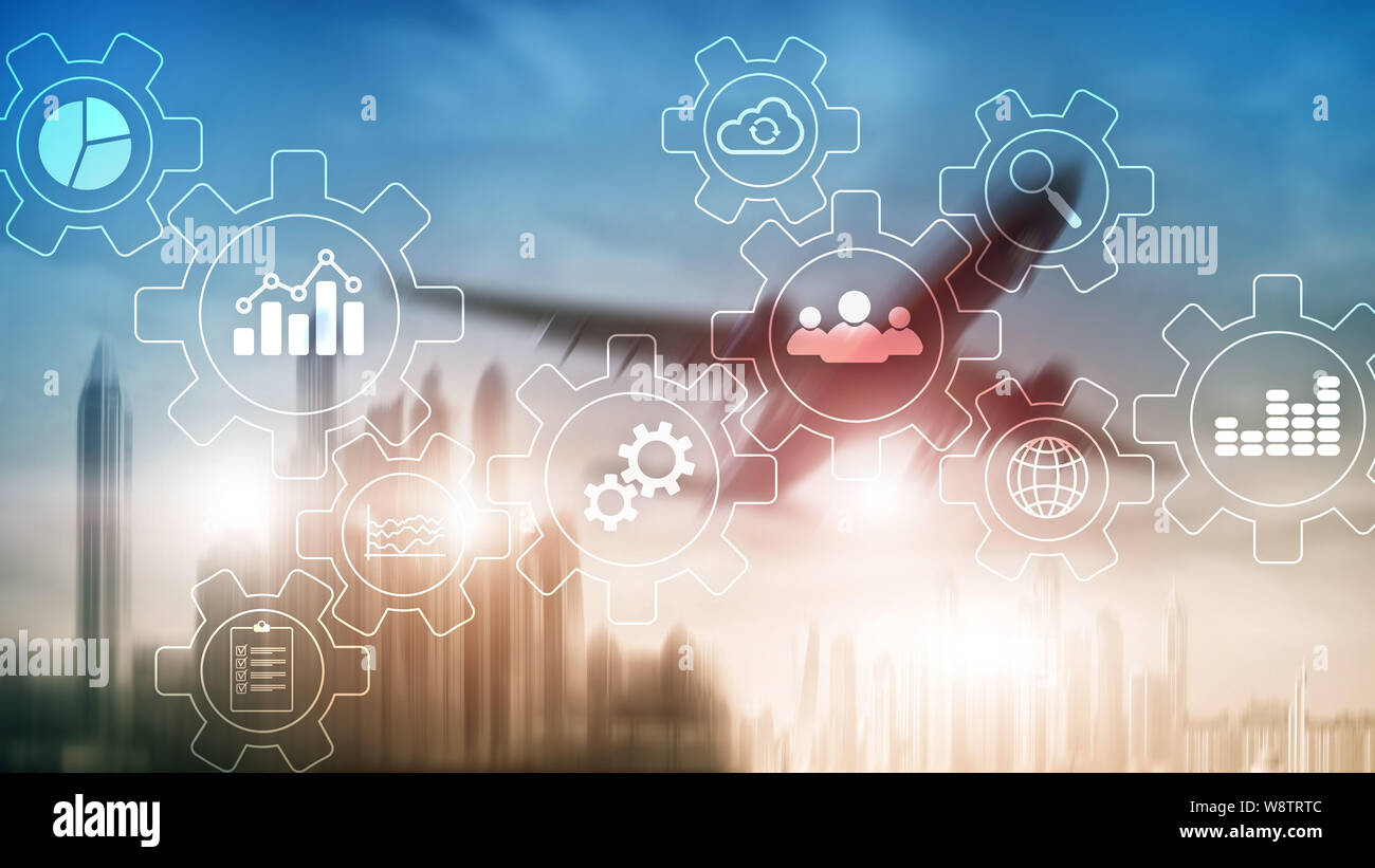 Business process abstract diagram with gears and icons. Workflow and ...
