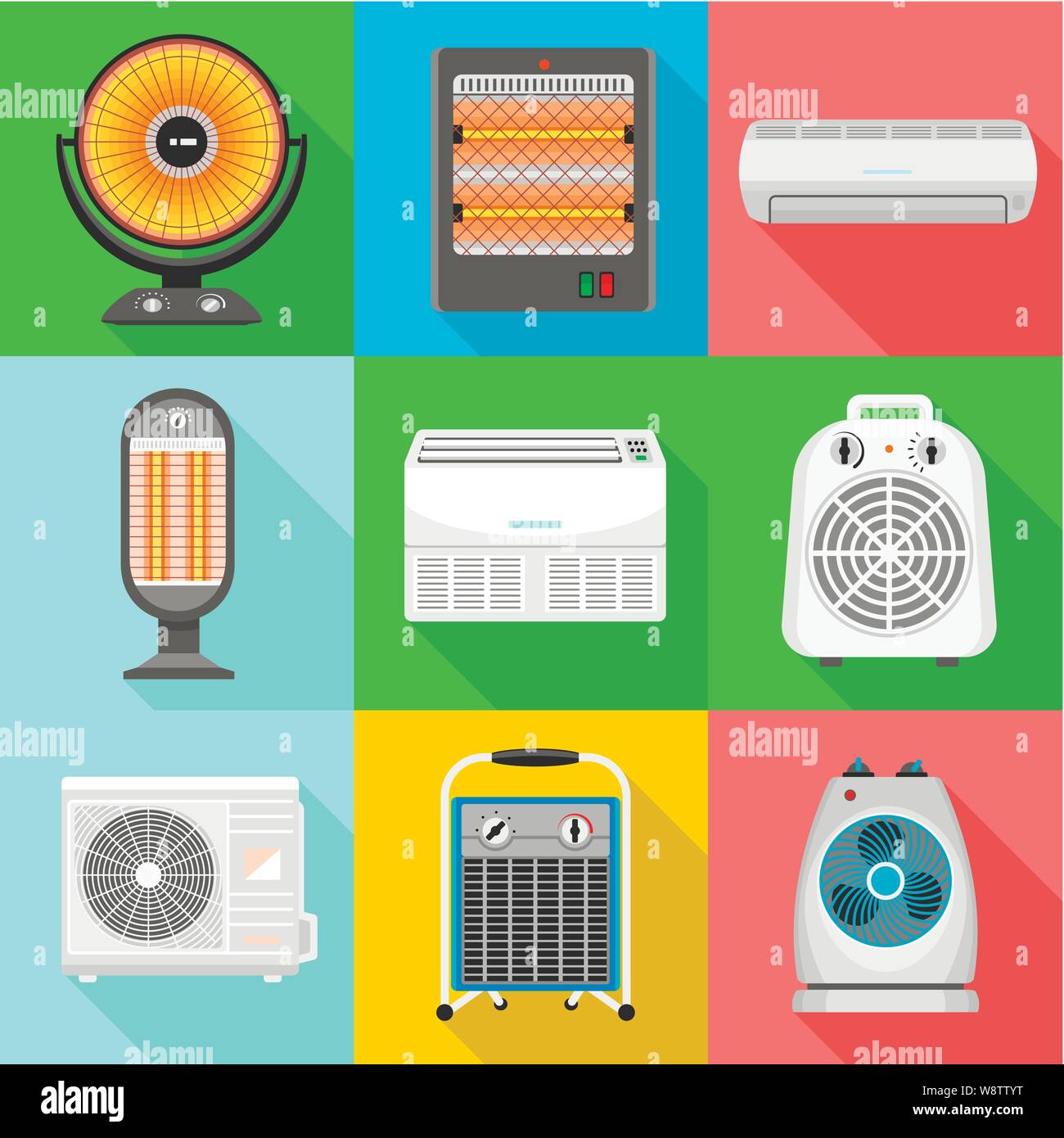 Warm heater icon set. Flat set of 9 warm heater vector icons for web ...