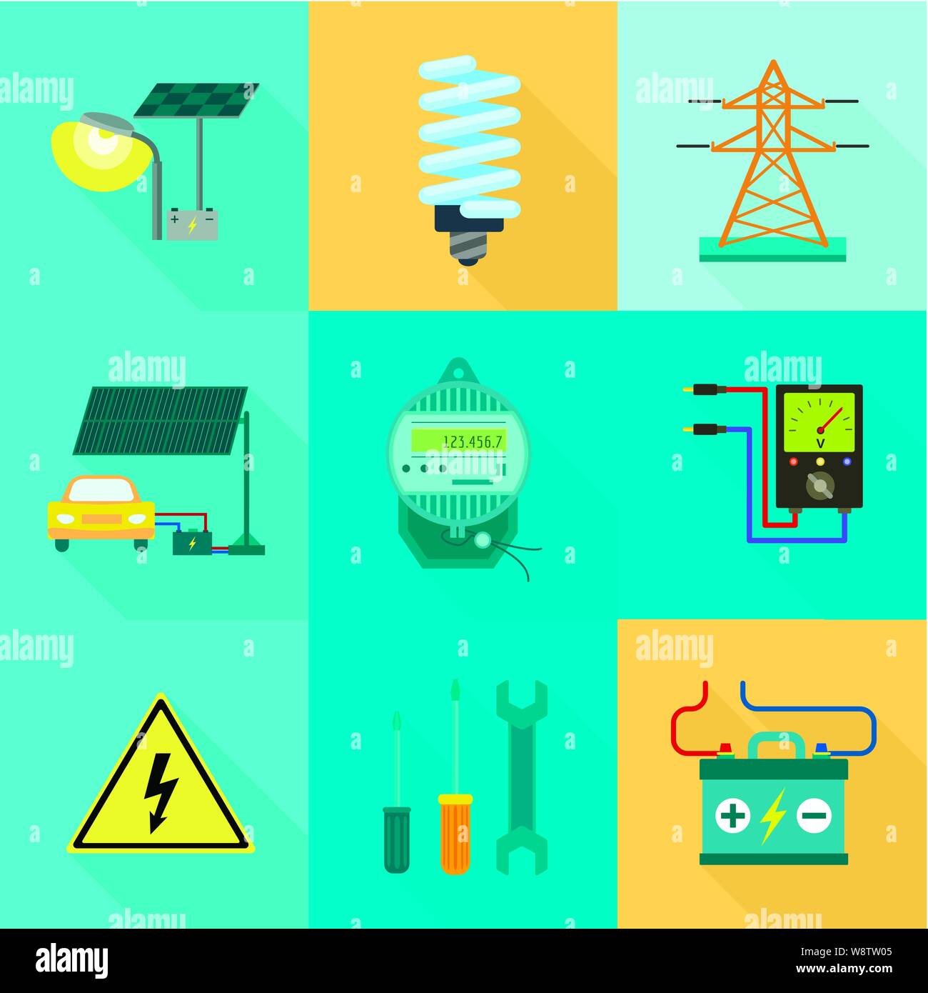 Global electric energy icon set. Flat set of 9 global electric energy ...