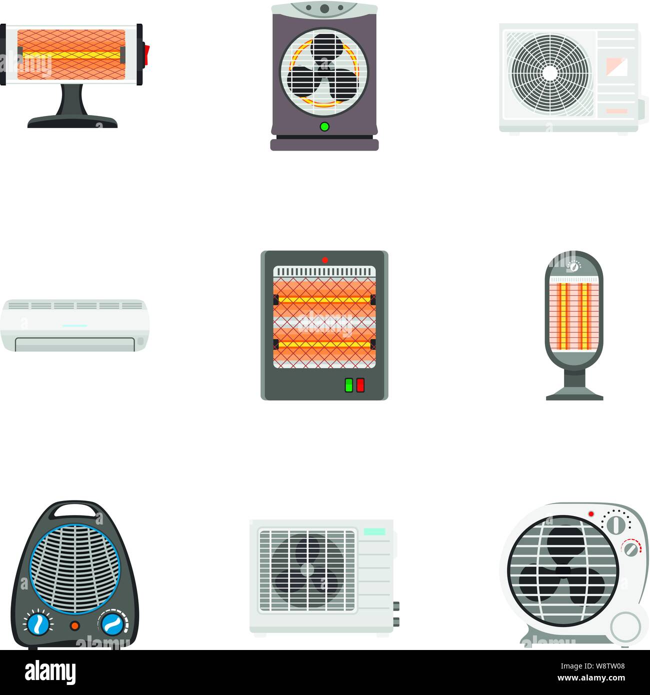 Electric fan heater icon set. Flat set of 9 electric fan heater vector ...