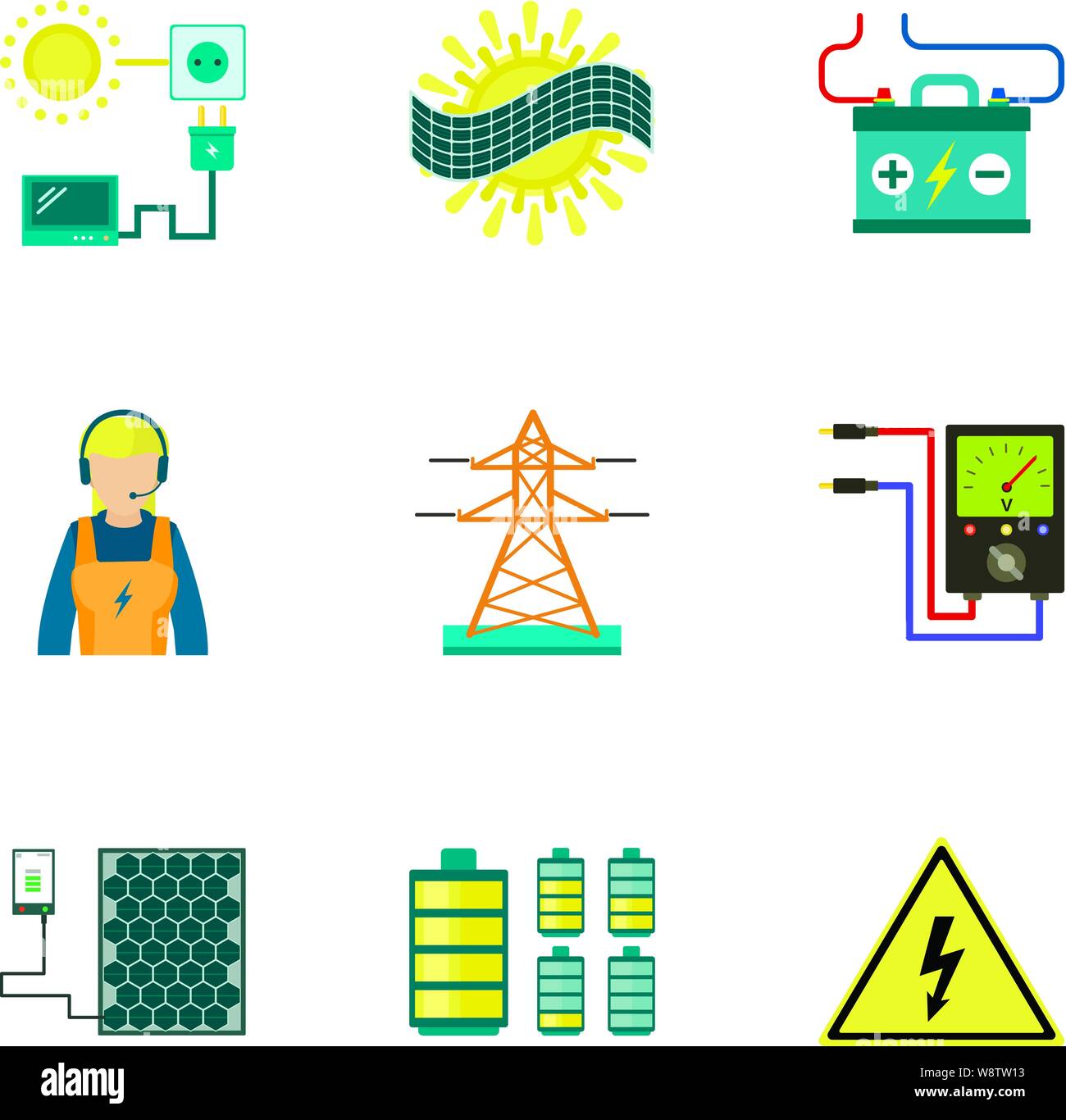 Electric power station icon set. Flat set of 9 electric power station ...
