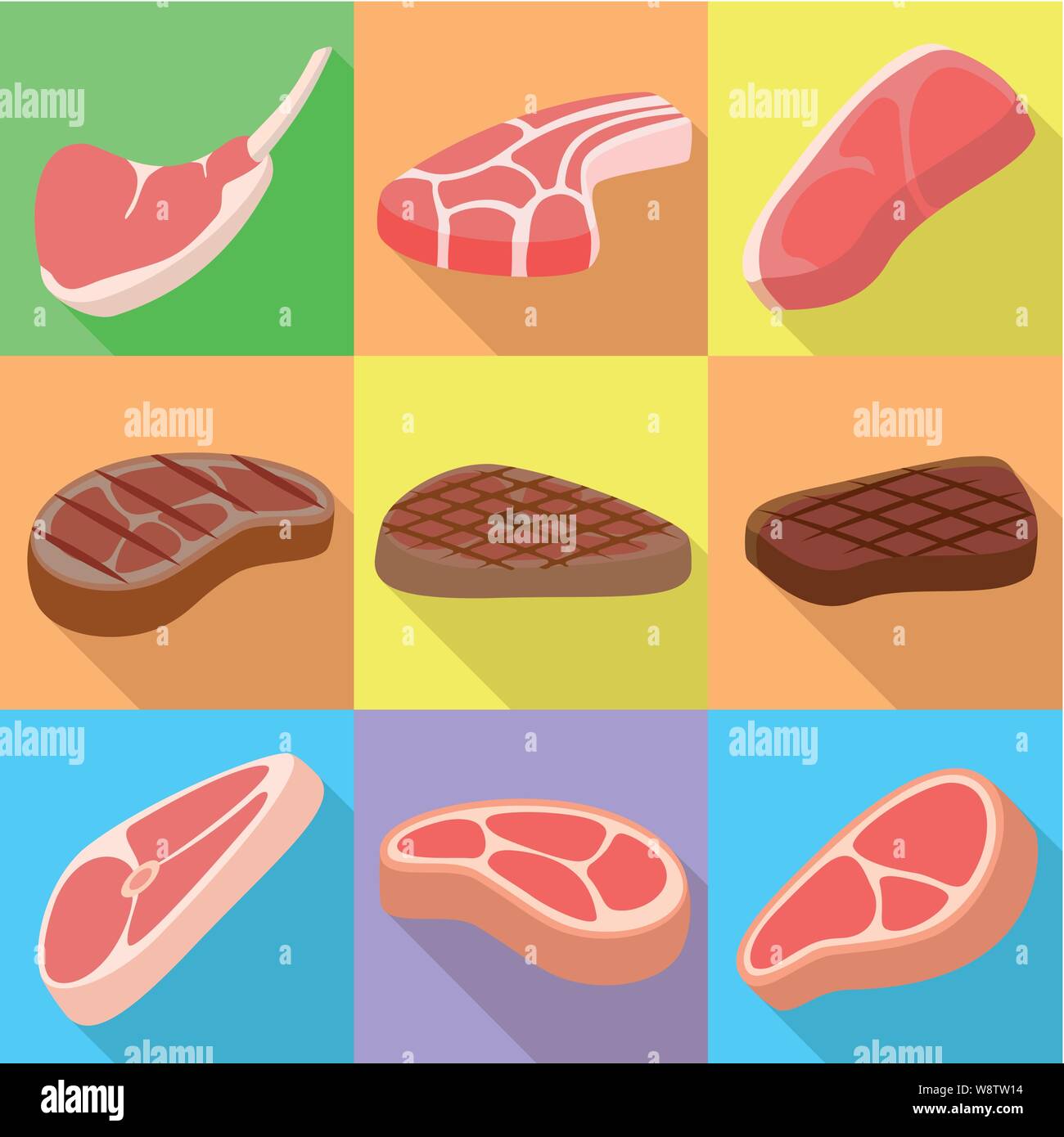 Pork steak icon set. Flat set of 9 pork steak vector icons for web ...