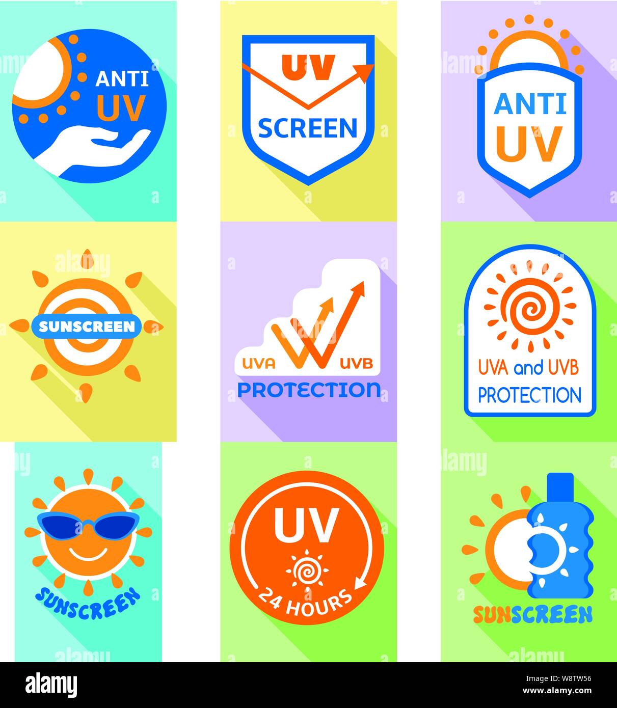 Modern sunscreen logo set. Flat set of 9 modern sunscreen vector logo ...