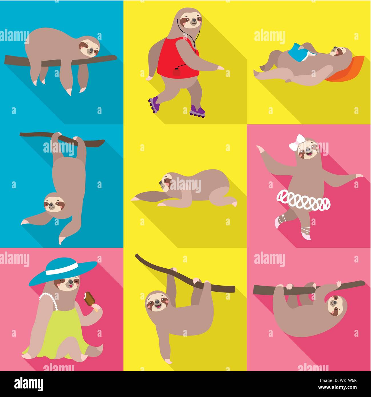 Tropical sloth icon set. Flat set of 9 tropical sloth vector icons for ...