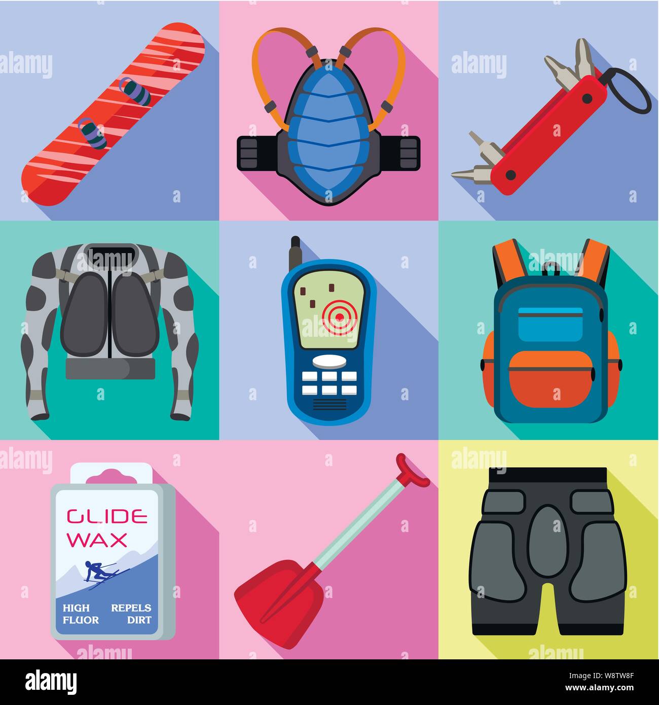 Snowboarding tools icon set. Flat set of 9 snowboarding tools vector ...