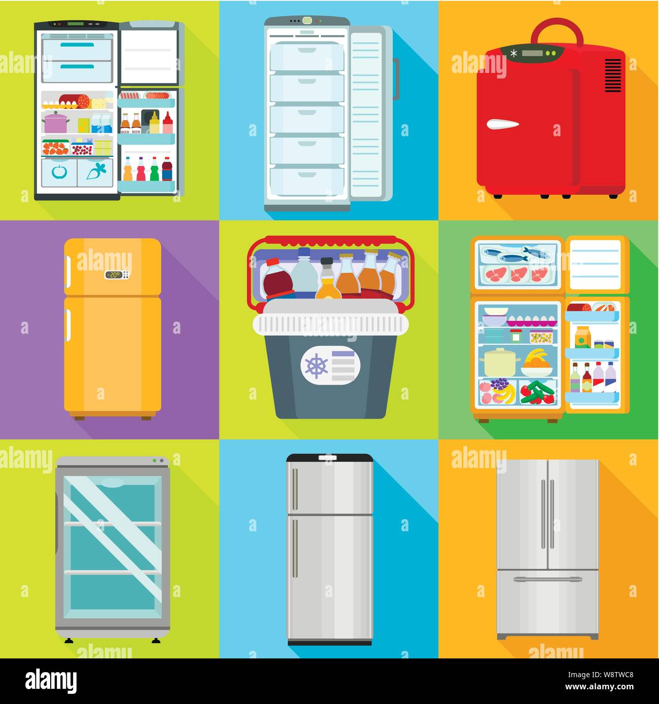 Commercial fridge icon set. Flat set of 9 commercial fridge vector ...