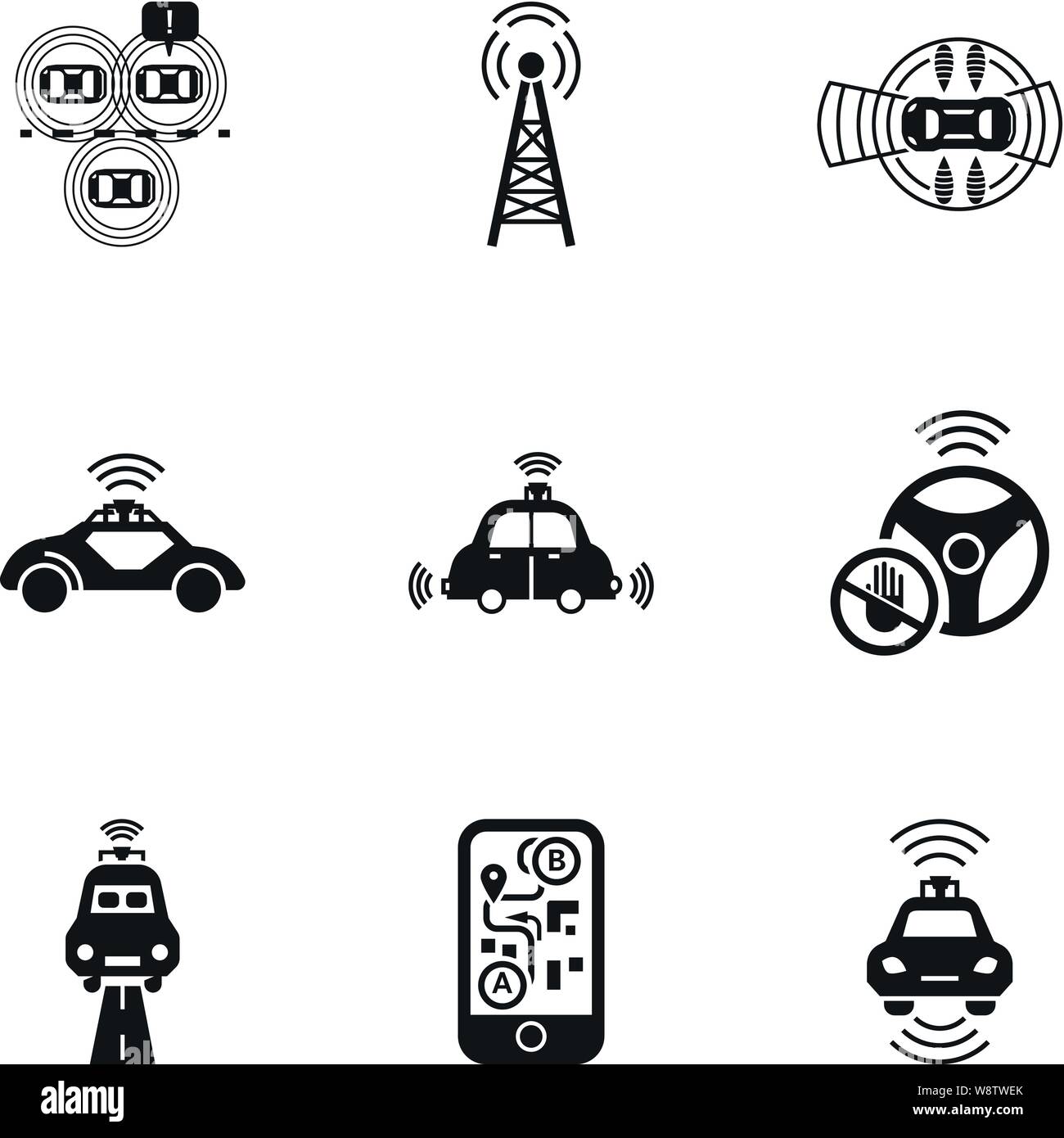 Self driving car icon set. Simple set of 9 self driving car vector ...