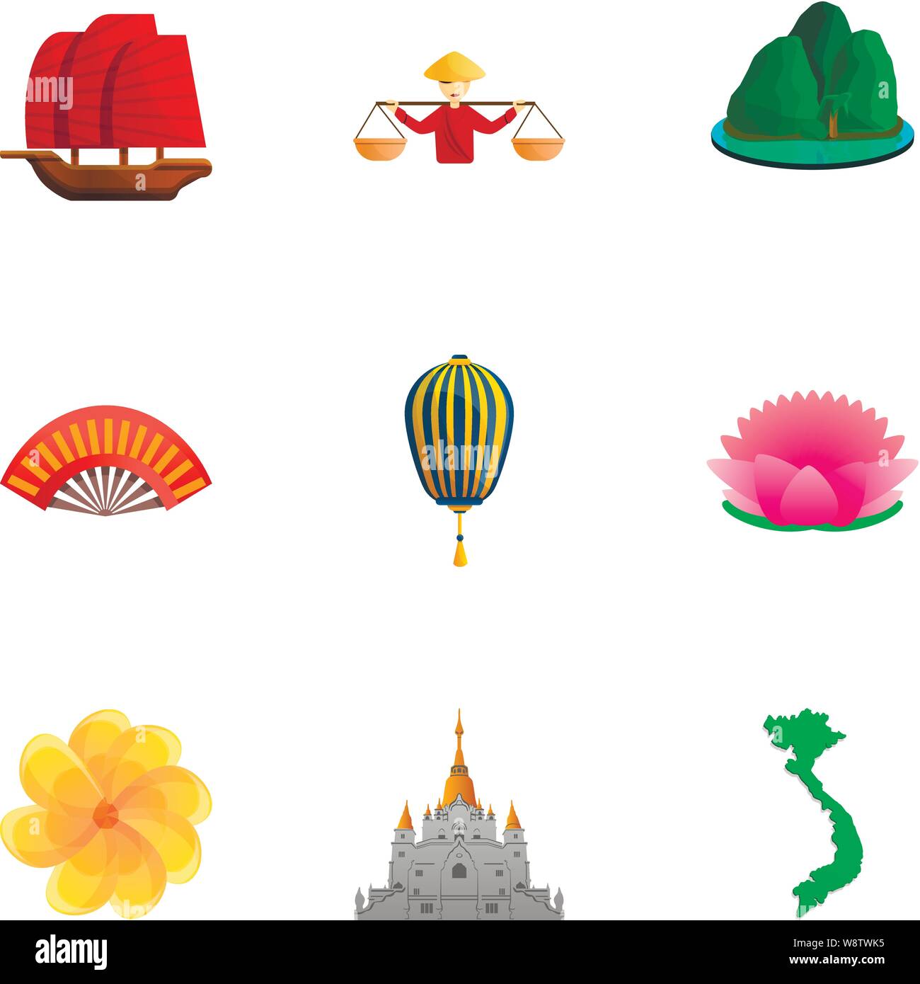 Vietnam landmark icon set. Cartoon set of 9 vietnam landmark vector ...