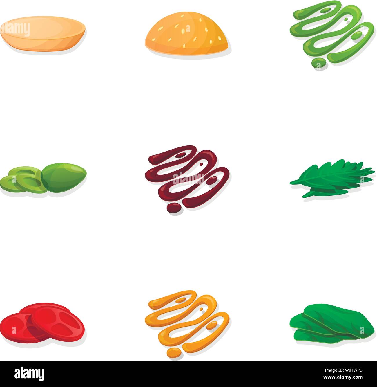 Natural burger ingredients icon set. Cartoon set of 9 natural burger ...