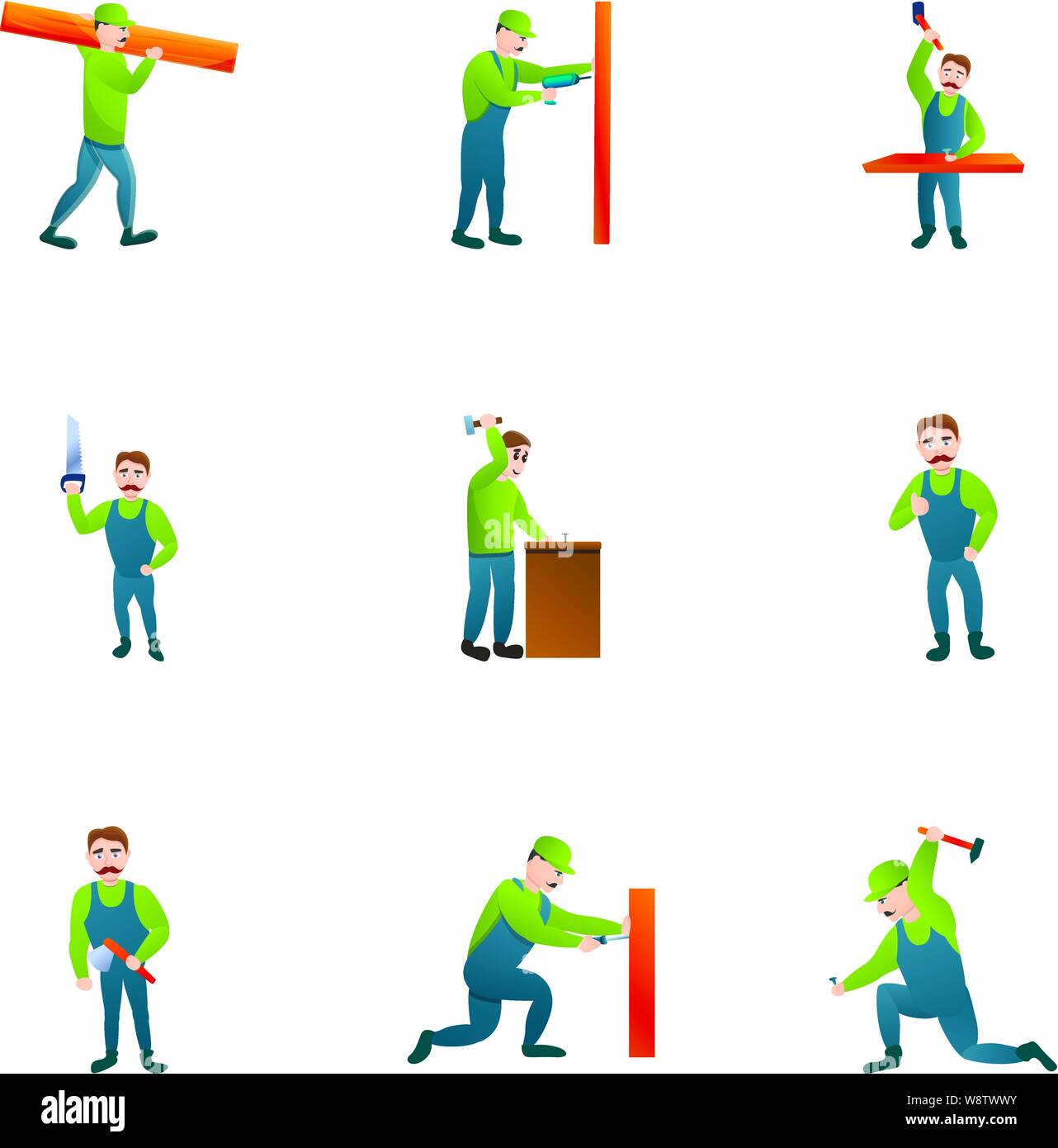 Wood carpenter icon set. Cartoon set of 9 wood carpenter vector icons ...