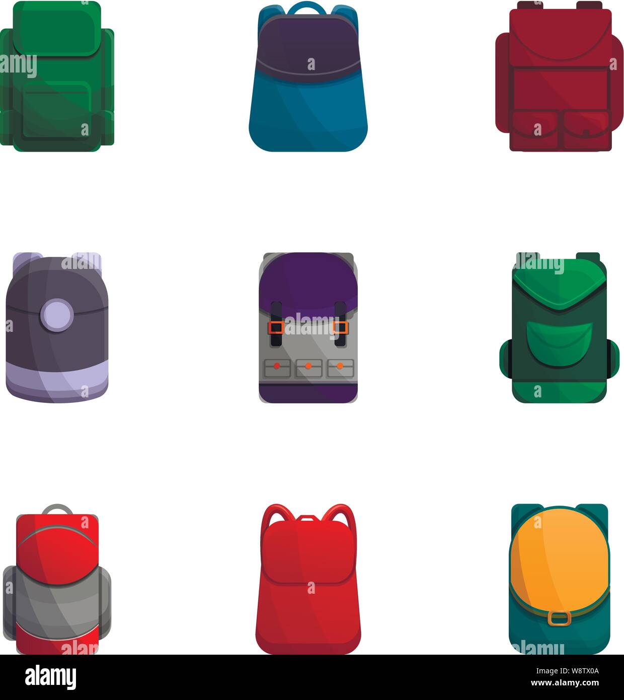 Travel backpack icon set. Cartoon set of 9 travel backpack vector icons ...