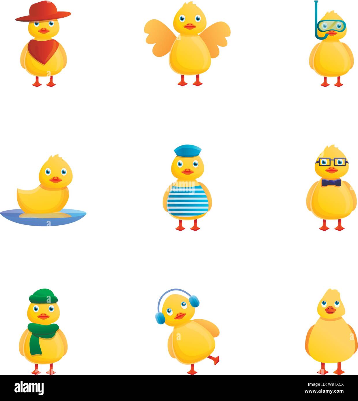 Yellow duck character icon set. Cartoon set of 9 yellow duck character ...