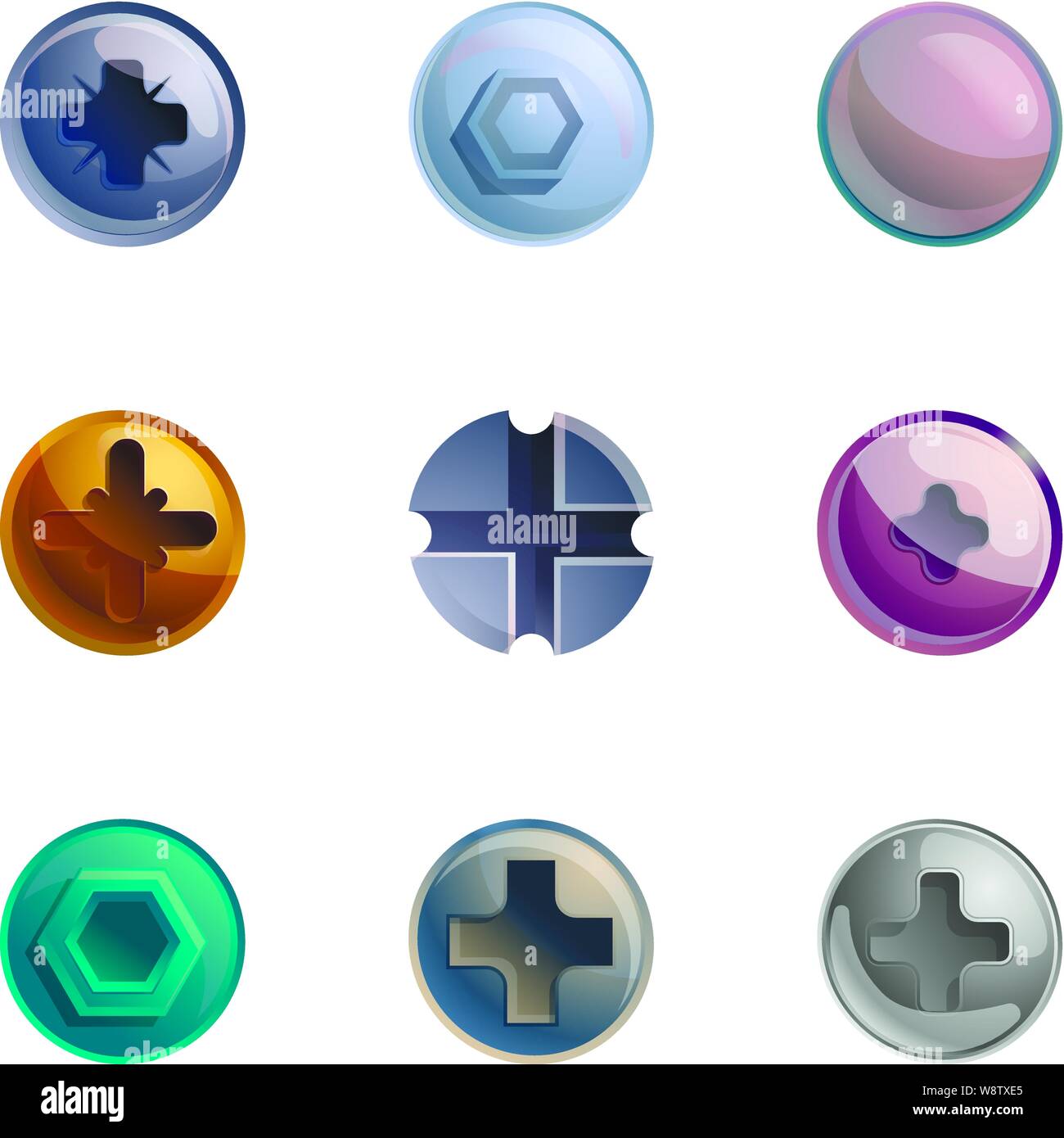 Metal bolt head icon set. Cartoon set of 9 metal bolt head vector icons ...
