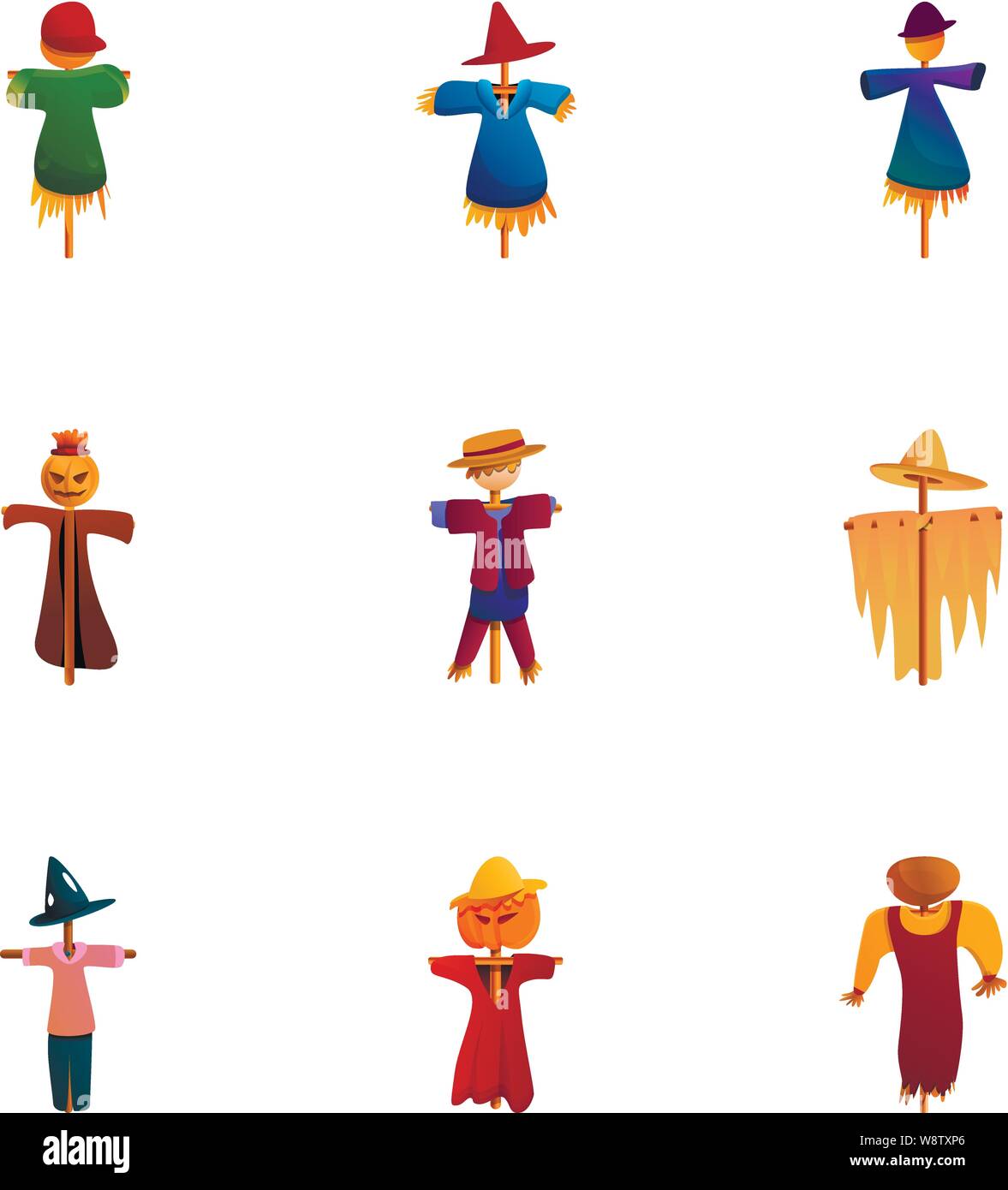 Happy scarecrow icon set. Cartoon set of 9 happy scarecrow vector icons ...