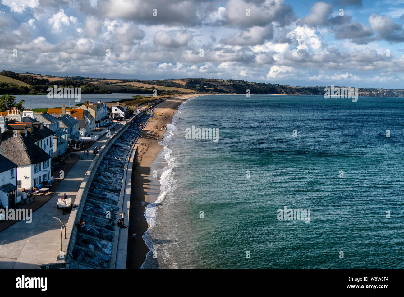 The village of Torcross with the sea on the right and the freshwater of ...
