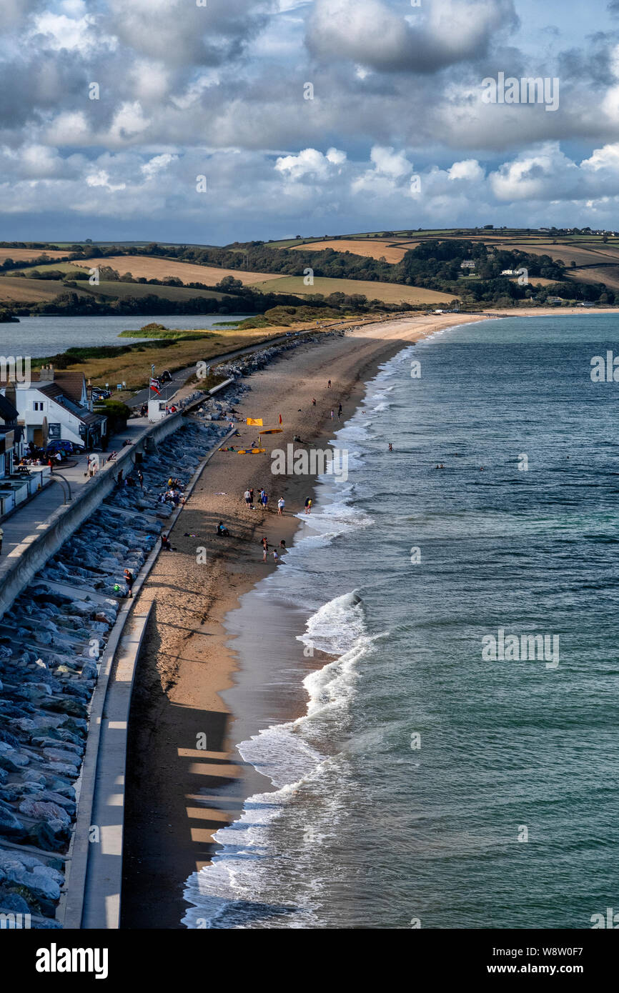 The village of Torcross with the sea on the right and the freshwater of ...