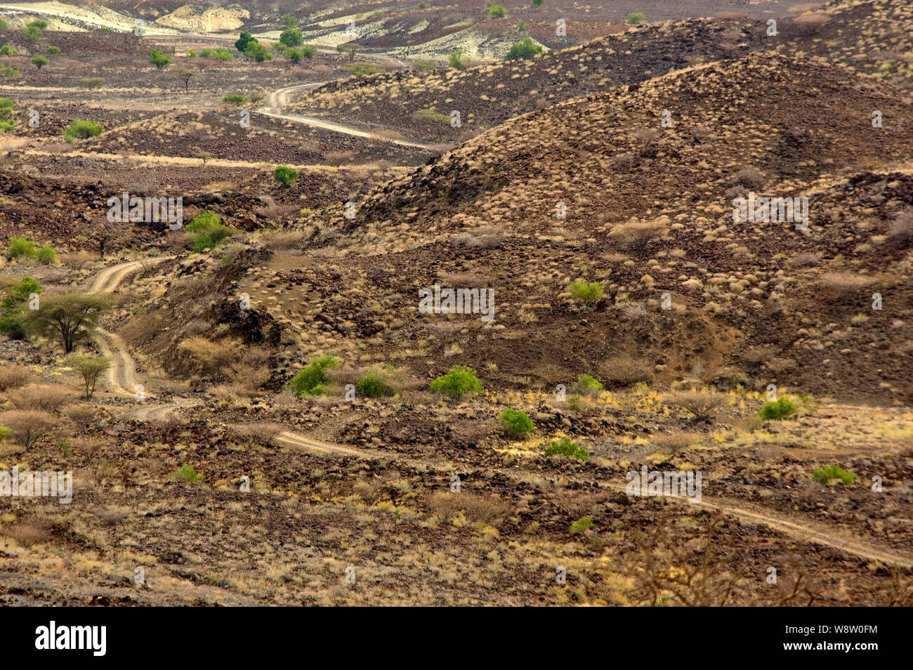Rough landscape scenery of the road approaching Lake Turkana coming ...