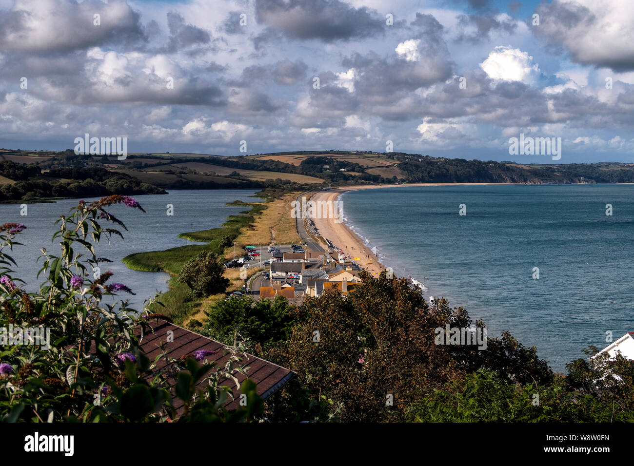 The village of Torcross with the sea on the right and the freshwater of ...