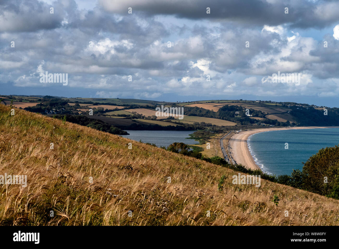 Slapton sands beach and the freshwater of Slapton Ley on the left in ...