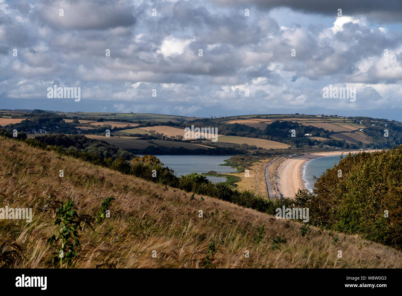 Slapton sands beach and the freshwater of Slapton Ley on the left in ...