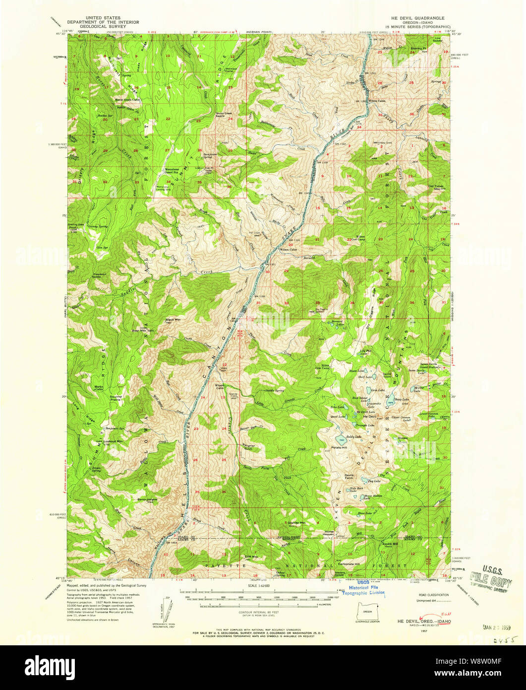 USGS Topo Map Idaho He Devil 239105 1957 62500 Restoration Stock Photo ...