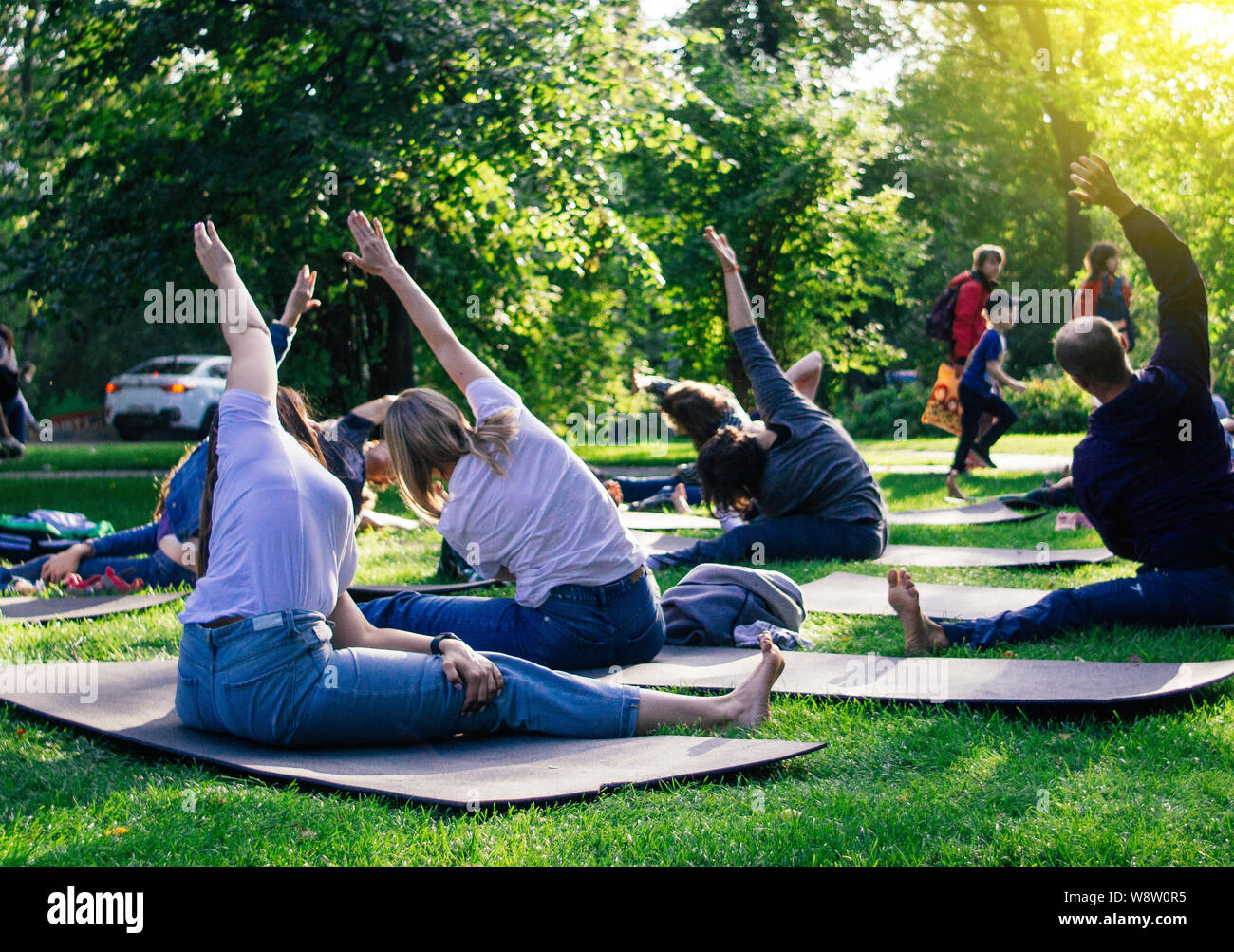 Yoga in the park on summer nature. A group of people are doing yoga ...