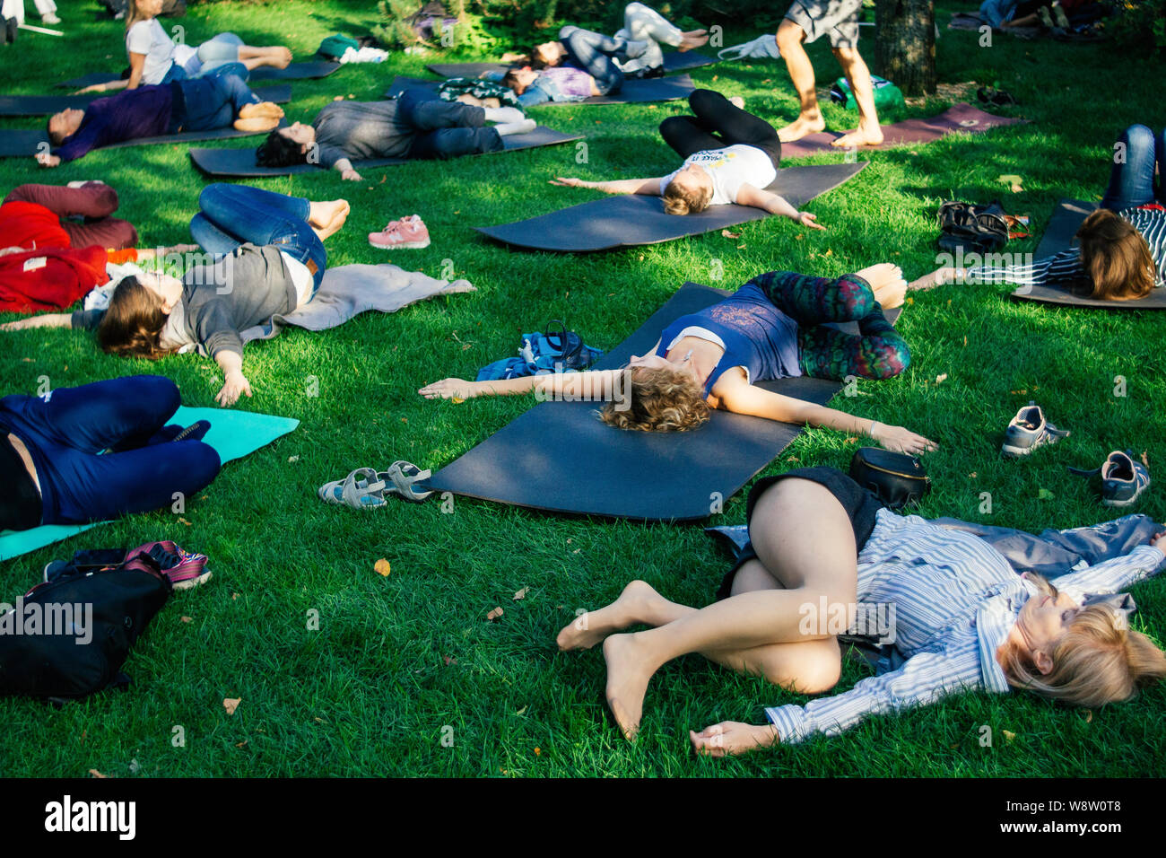 Yoga in the park on summer nature. A group of people are doing yoga ...
