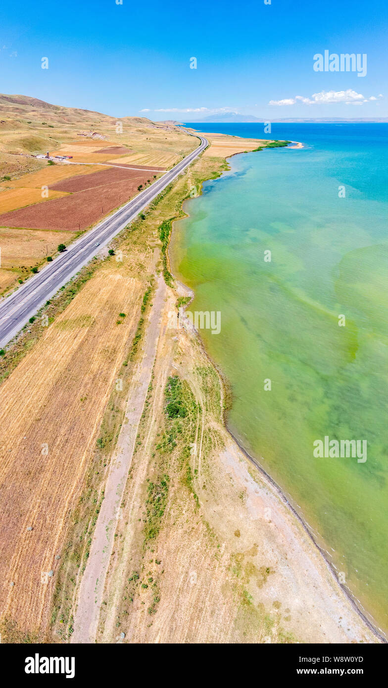 Aerial view of Lake Van, Turkey. Fields and cliffs overlooking the ...