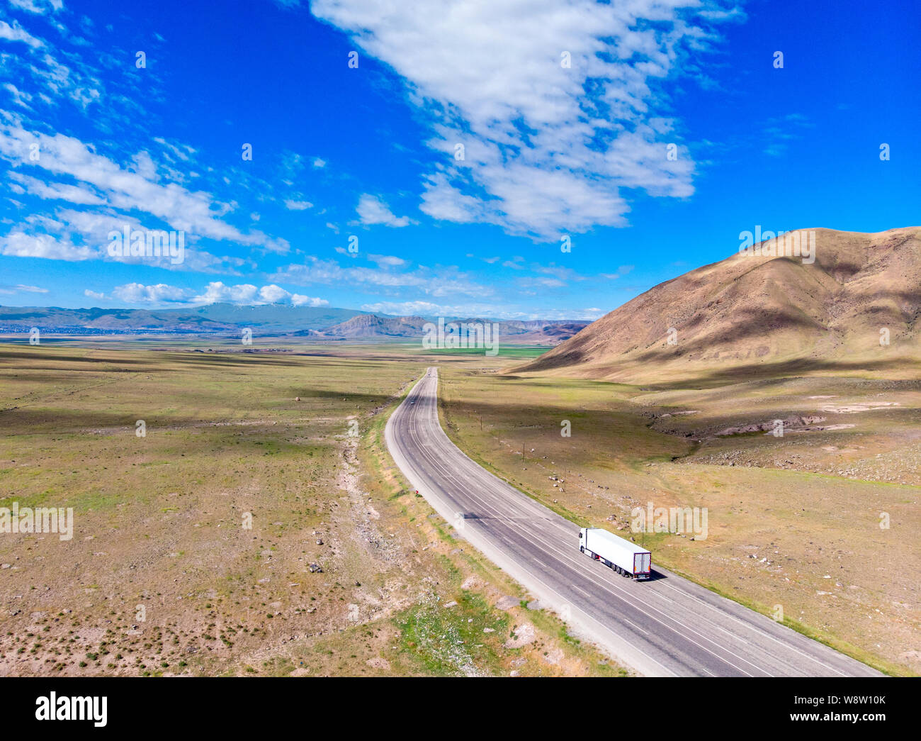 Aerial view of the road leading to Dogubayazit from Igdir. Plateau ...