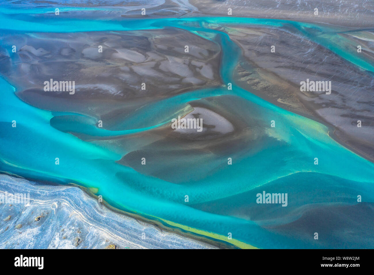 Aerial drone view of a huge riverbed and delta, glacial river system ...