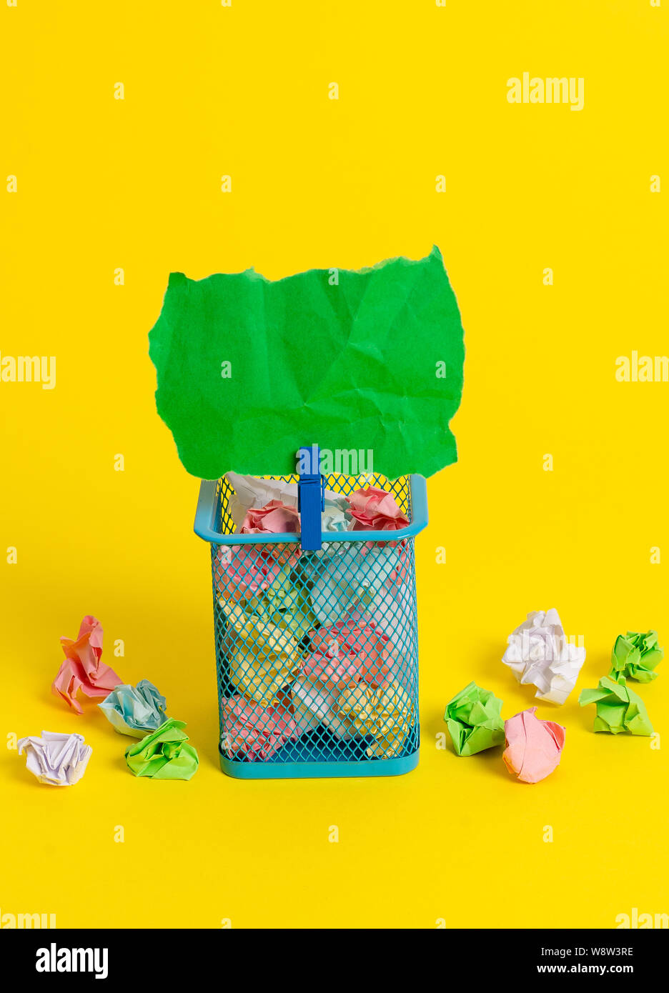 Trash bin crumpled paper clothespin empty reminder office supplies ...