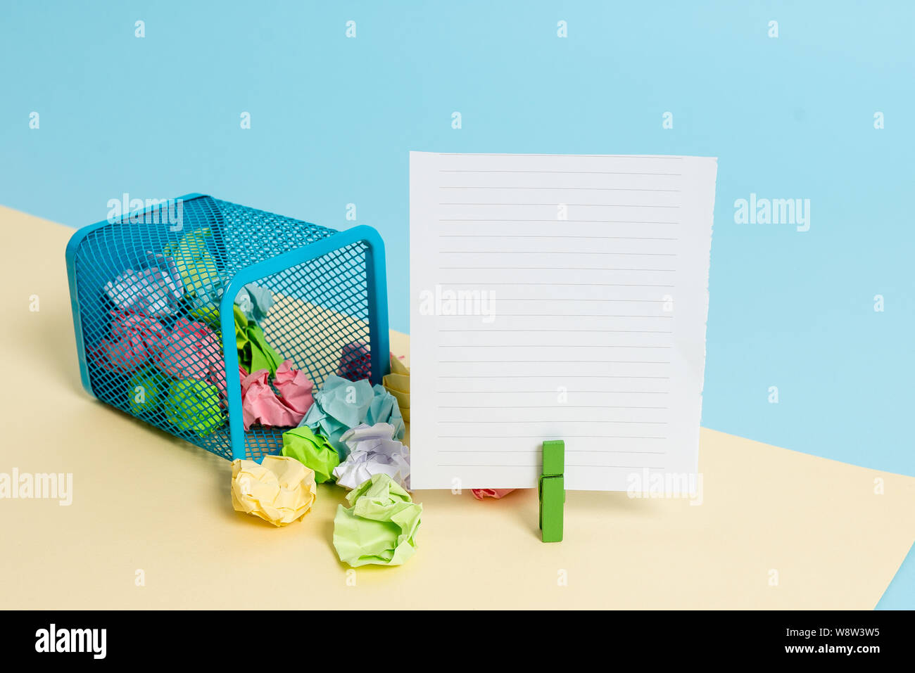 Trash bin crumpled paper clothespin empty reminder office supplies ...