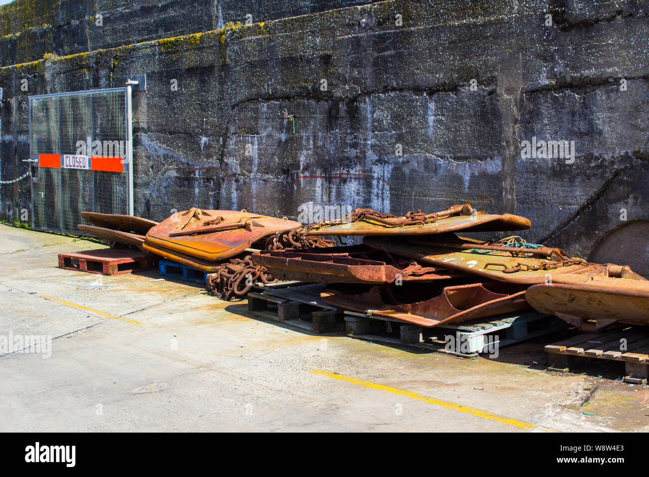Heavy forged steel trawler doors being stored between uses on the ...