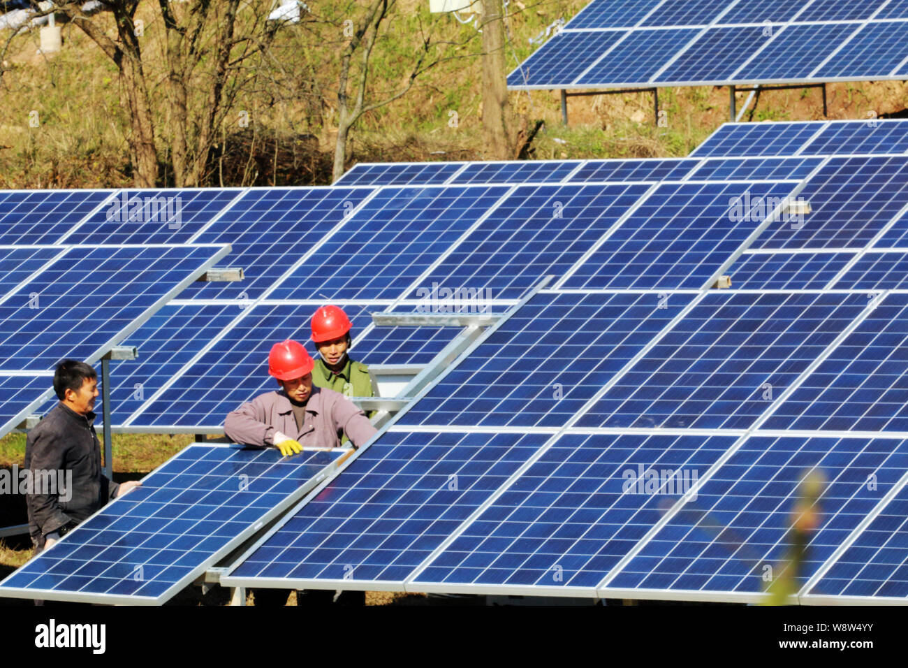 --FILE--Chinese workers install solar panels at a photovoltaic power ...