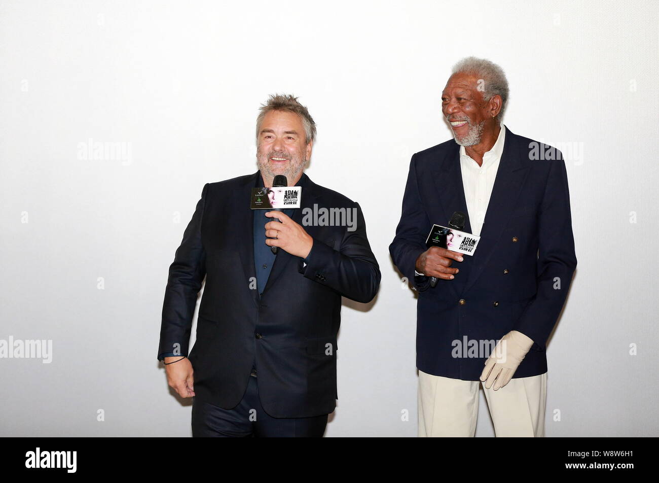 French director Luc Besson, left, and American actor Morgan Freeman ...