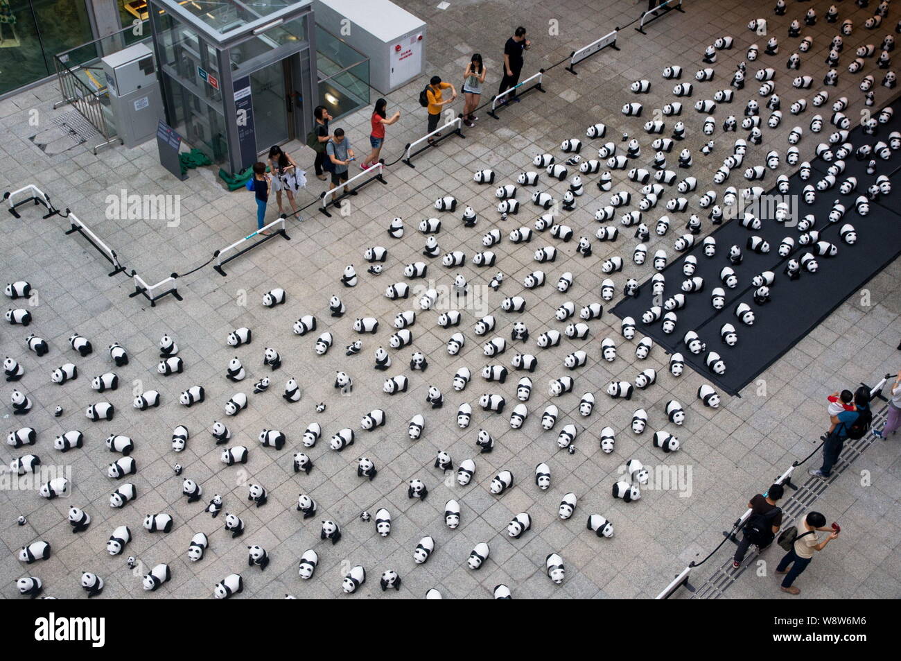 Visitors take photos of the paper pandas created by French artist Paulo ...