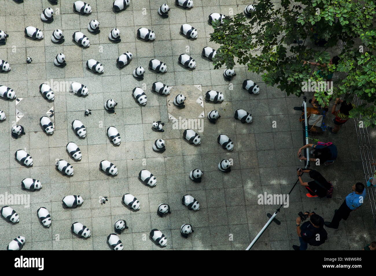 Visitors take photos of the paper pandas created by French artist Paulo ...