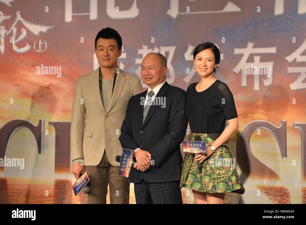 (From left) Chinese actor Tong Dawei, Hong Kong director John Woo and Chinese actress Zhang Ziyi ...