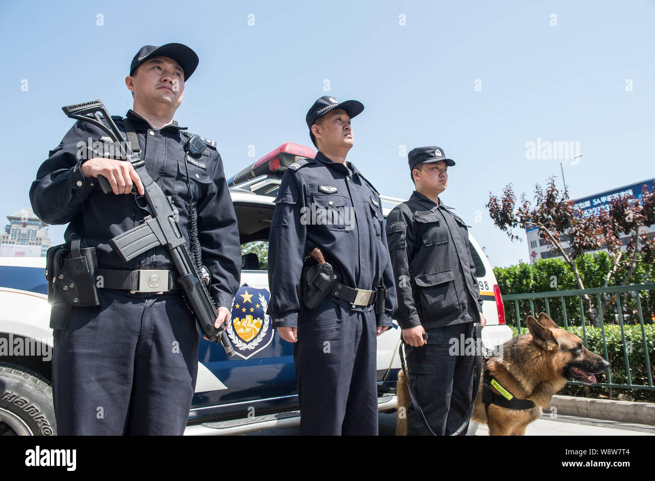 Chinese police officers armed with guns stand guard with a police dog ...