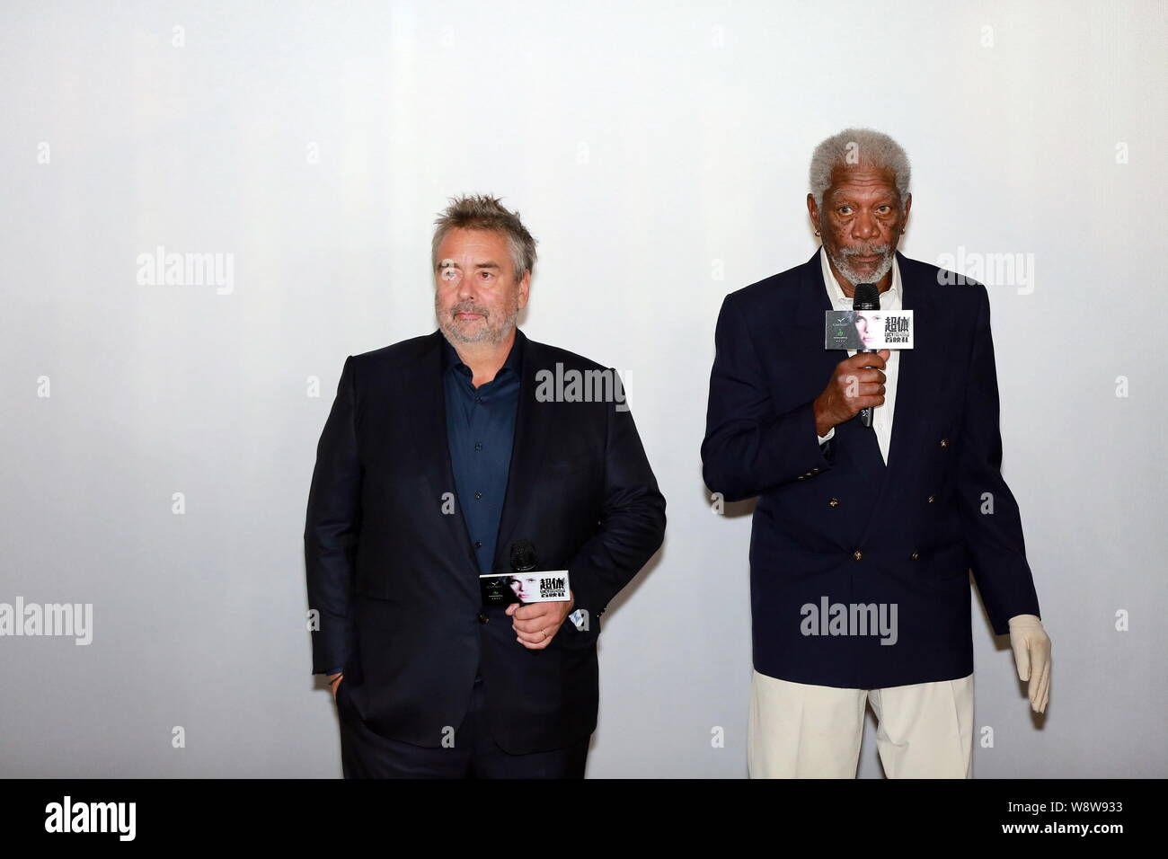 French director Luc Besson, left, and American actor Morgan Freeman ...