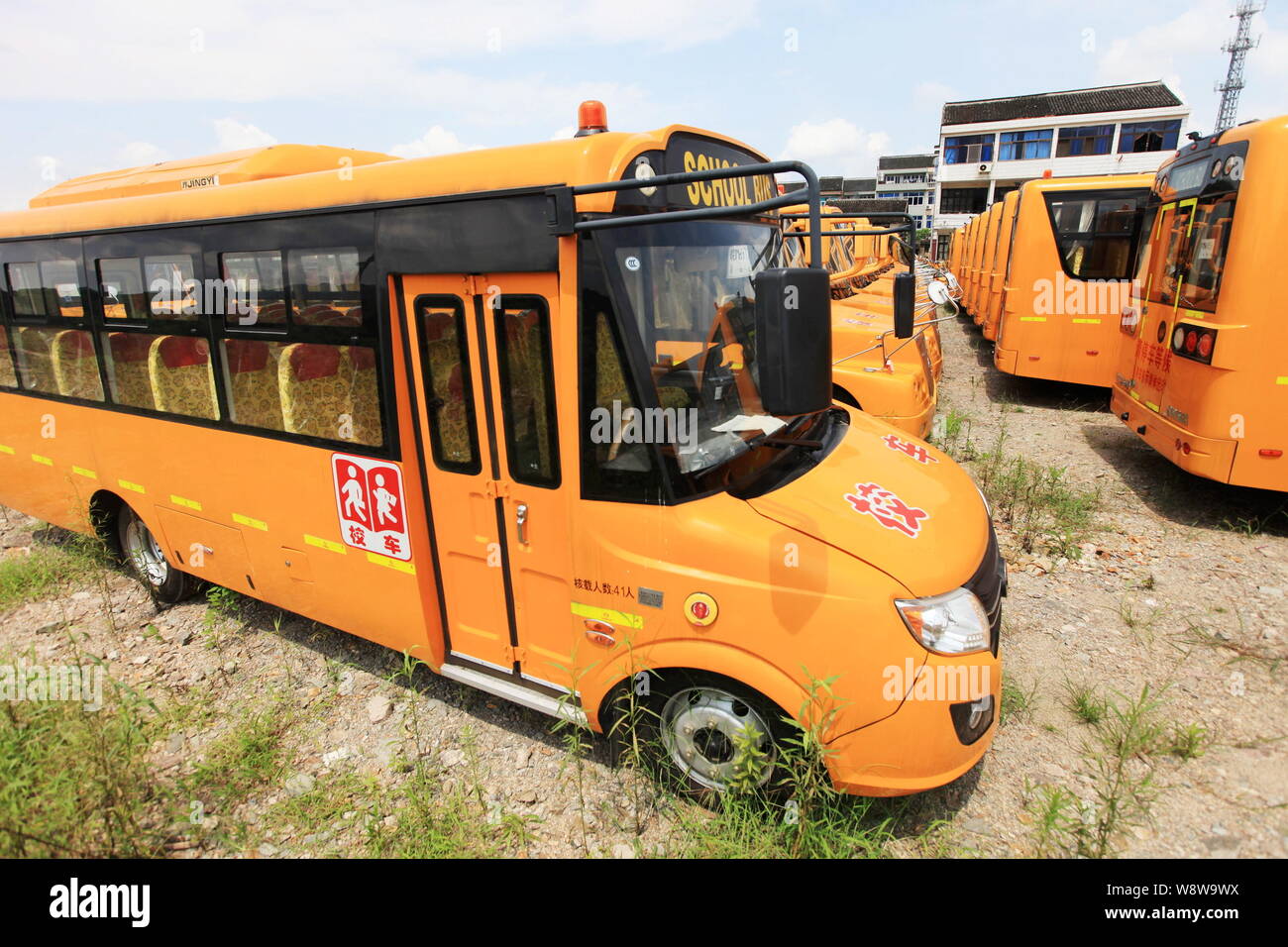 New school buses are parked on a wasteland in Zhishengzhuang village ...