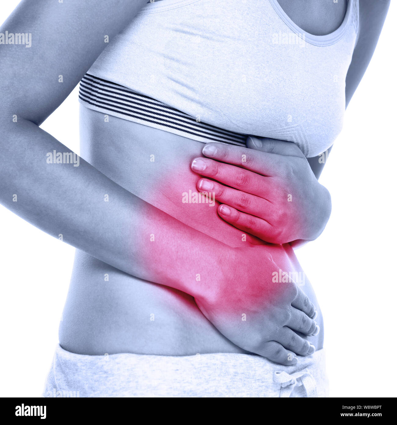 Stomach abdomen pain. Woman having abdominal pain, upset stomach or ...
