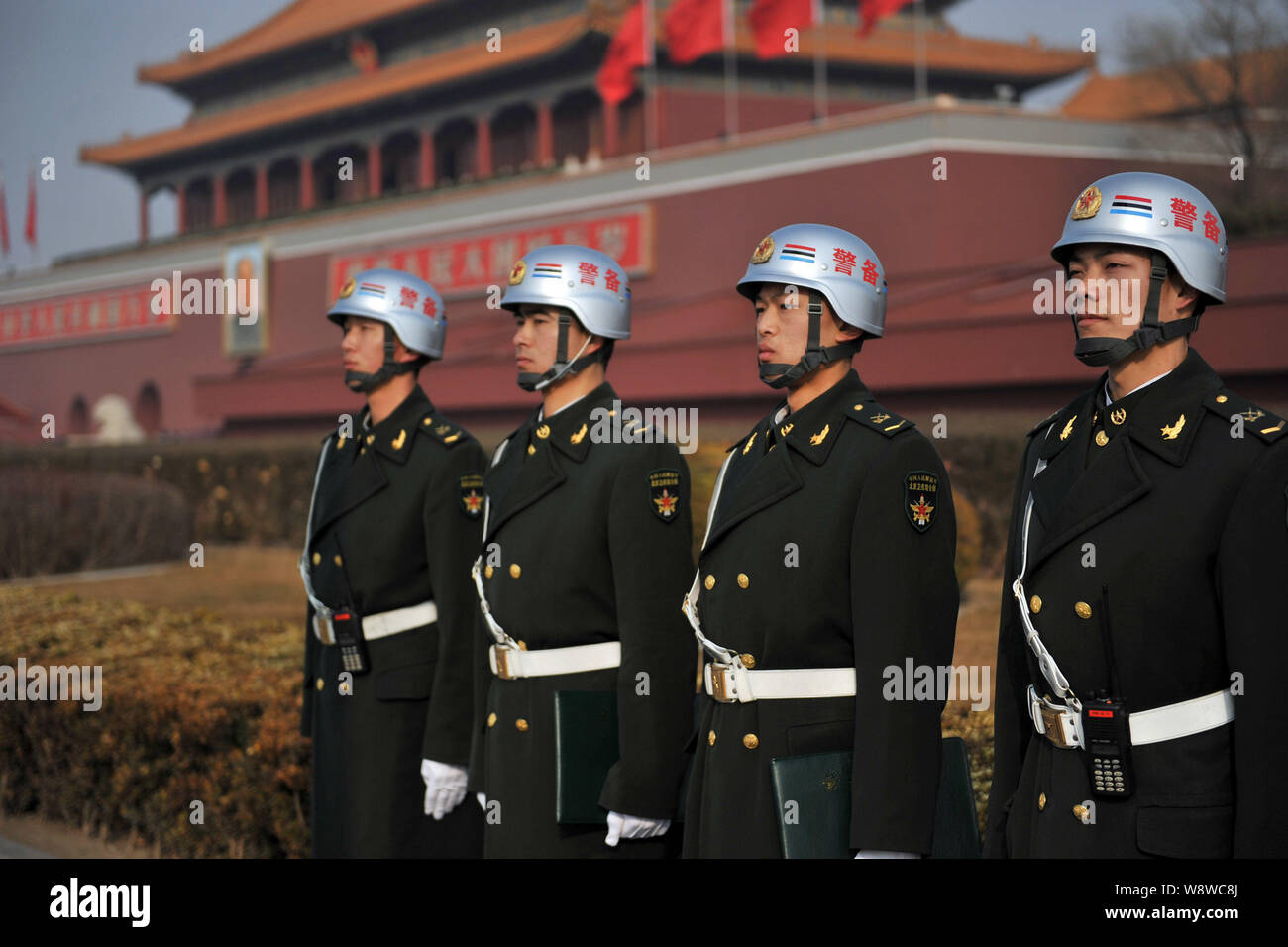 Chinese PLA (Peoples Liberation Army) soldiers stand guard near the ...