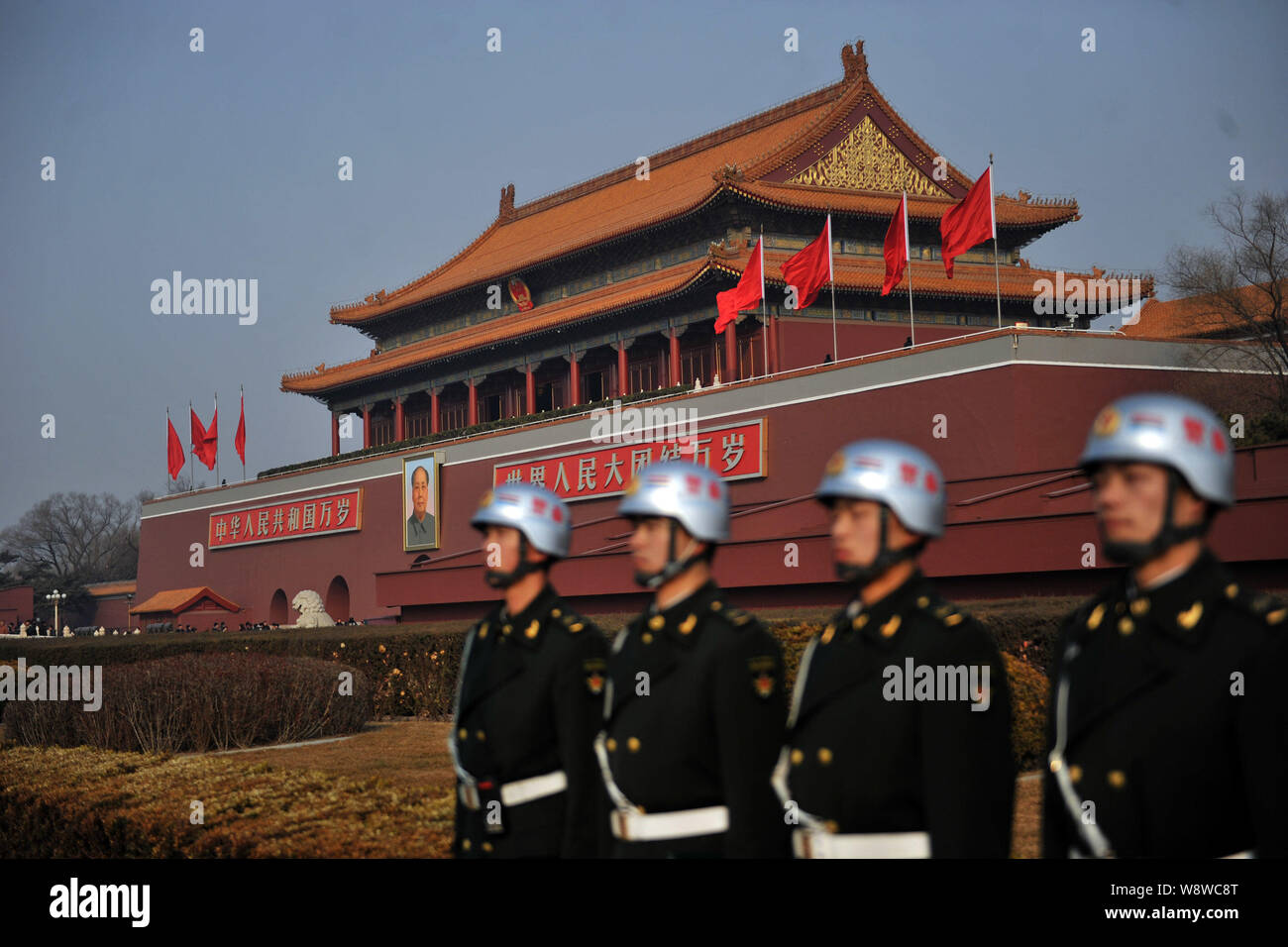 Chinese PLA (Peoples Liberation Army) soldiers stand guard near the ...