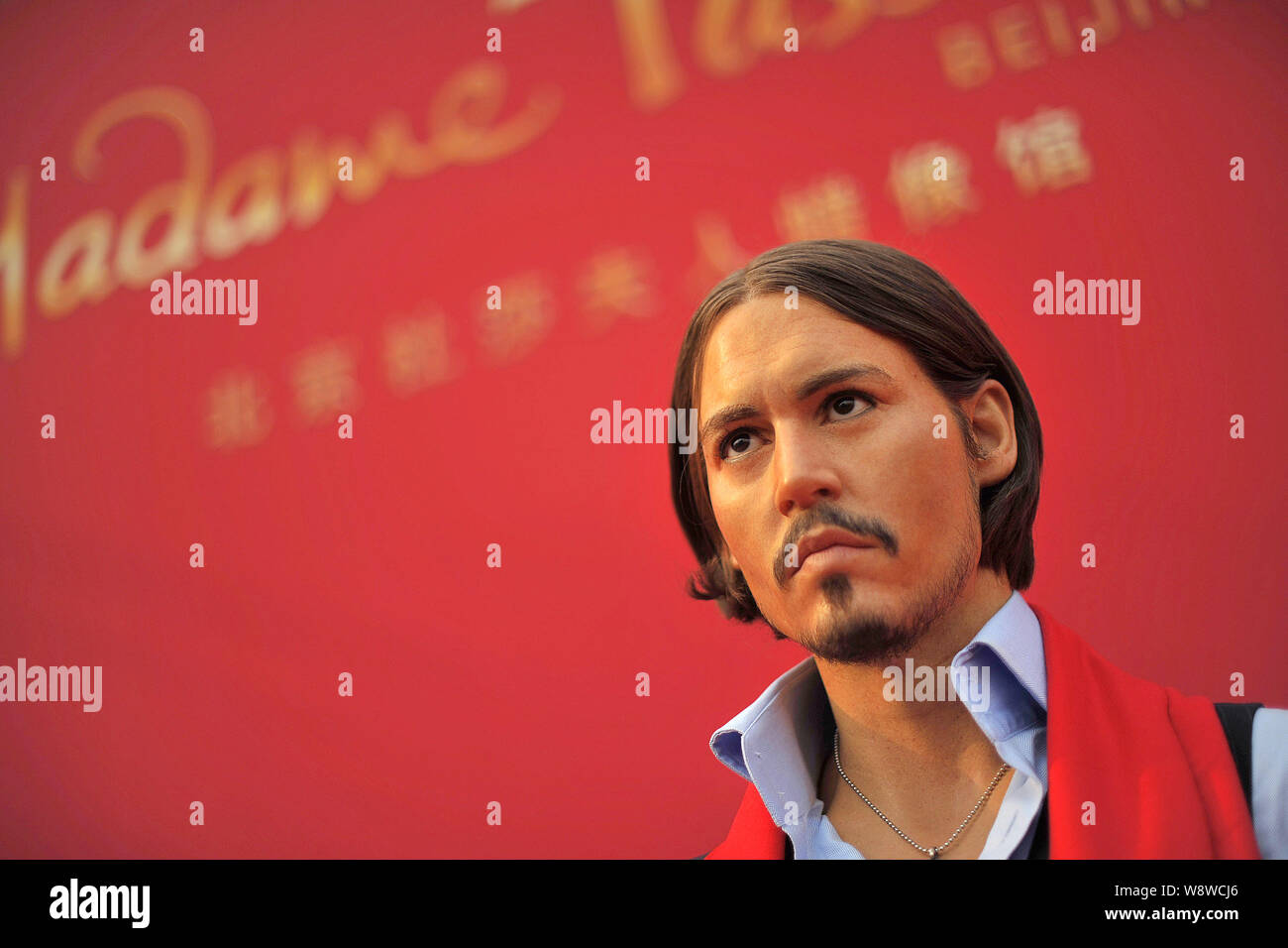The wax statue of American actor Johnny Depp is displayed at a warm-up ...